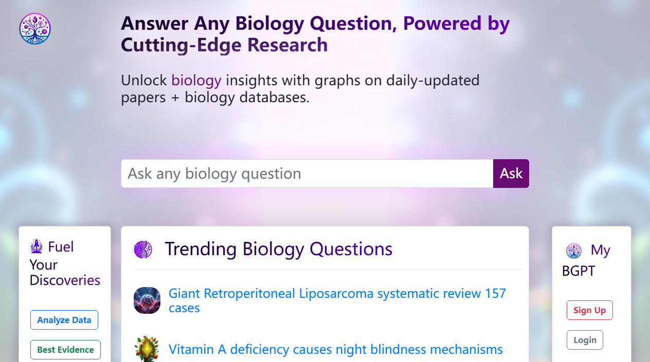 BioloGPT是一个基于前沿研究的生物学问答平台，提供每日更新的论文和生物学数据库，帮助用户解锁生物学见解。-SOAI.IM