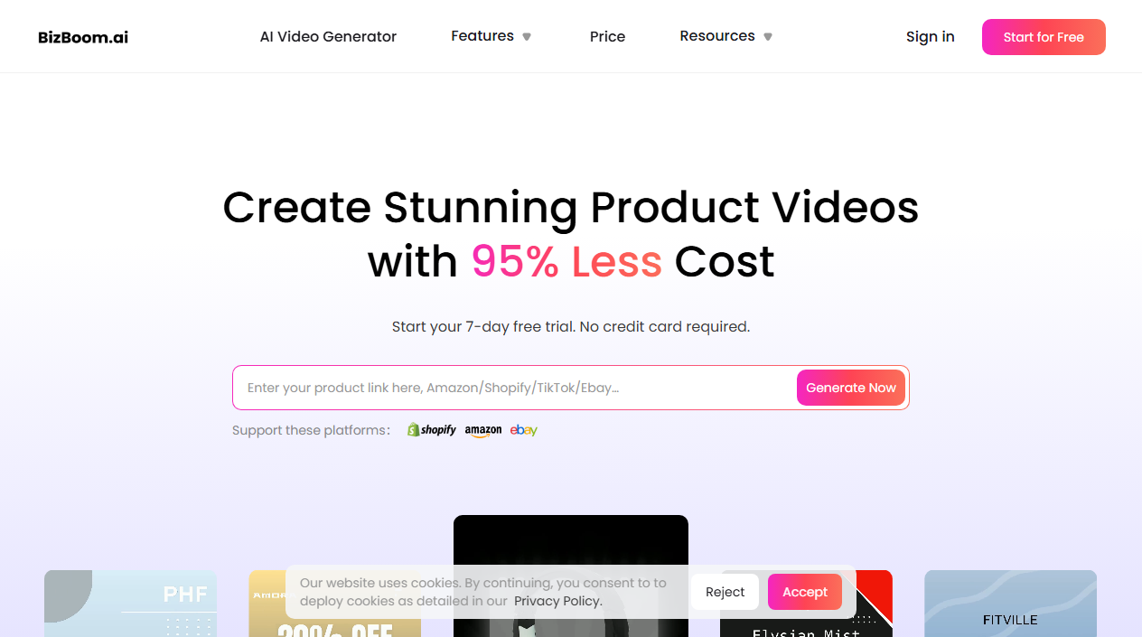 BizBoom.ai 是一个利用AI技术生成产品推广视频的平台，提供从产品链接到视频生成的全流程服务。-SOAI.IM