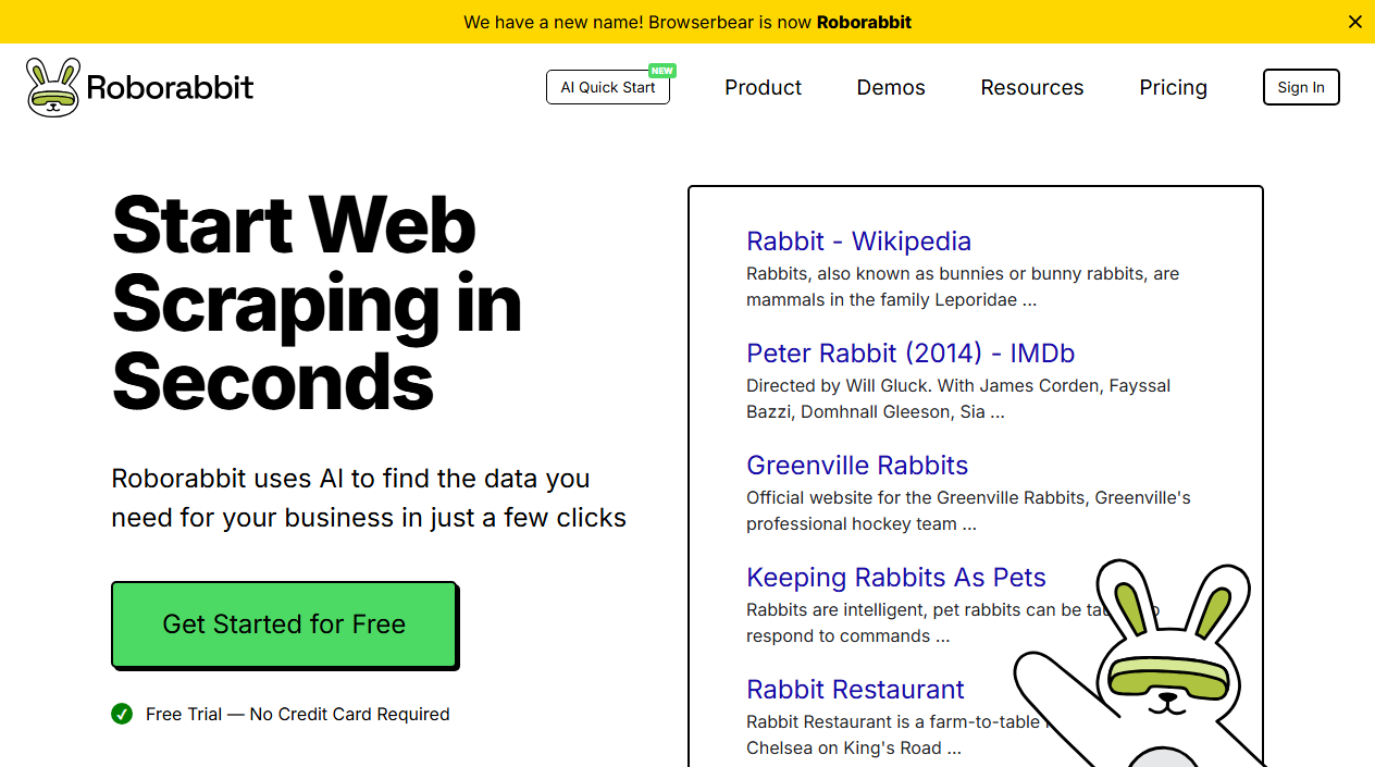 Roborabbit 是一个基于AI的网页抓取和自动化工具，帮助用户快速提取所需数据。-SOAI.IM