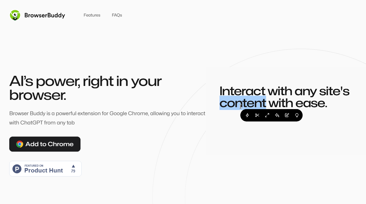 Browser Buddy 是一款强大的 Chrome 扩展，允许用户在任何标签页中与 ChatGPT 进行交互，提供聊天历史、PDF 对话和网站交互等功能。-SOAI.IM