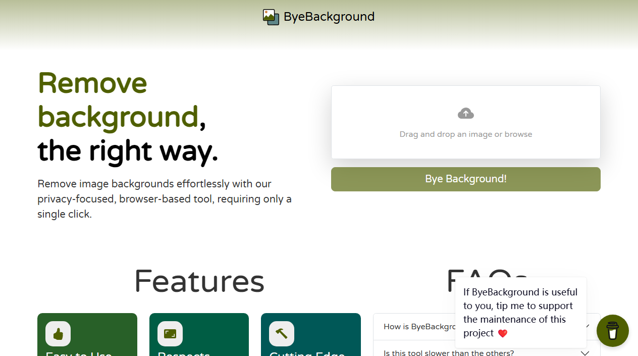ByeBackground 是一款隐私优先、基于浏览器的免费工具，用于一键移除图像背景。-SOAI.IM