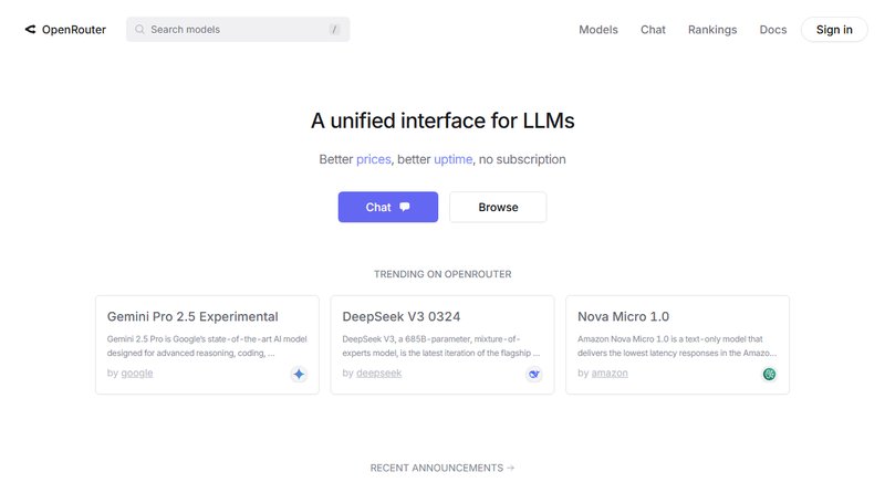 OpenRouter是一个统一的LLM接口平台，提供更好的价格、更高的稳定性和无需订阅的服务。-SOAI.IM