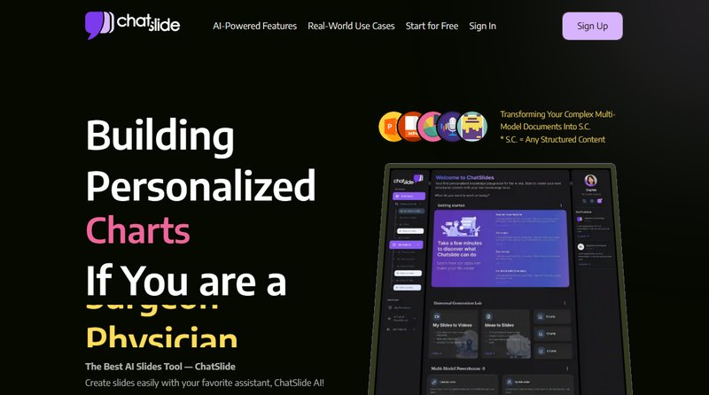 ChatSlide 是一个基于 AI 的工作空间，专注于知识共享和内容创作，提供多种 AI 驱动的功能，帮助用户快速生成幻灯片、视频、图表 ...