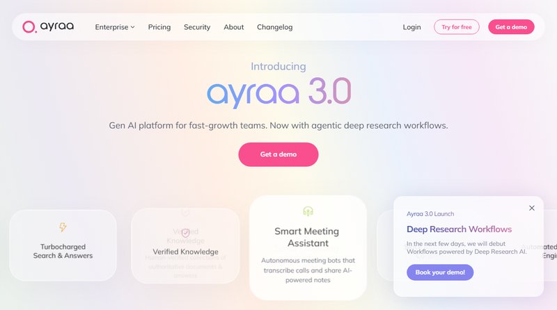 Ayraa是一个AI驱动的企业搜索与智能助手平台，为快速发展的团队提供深度研究、知识管理和工作流程自动化服务。-SOAI.IM