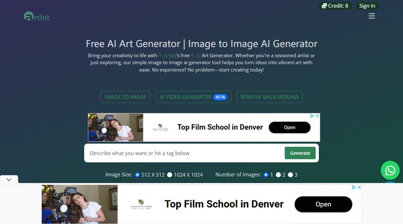 Artbit是一个免费的AI艺术生成器，提供图像到图像、文本到图像、视频生成和背景移除等功能，帮助用户轻松创作艺术作品。-SOAI.IM
