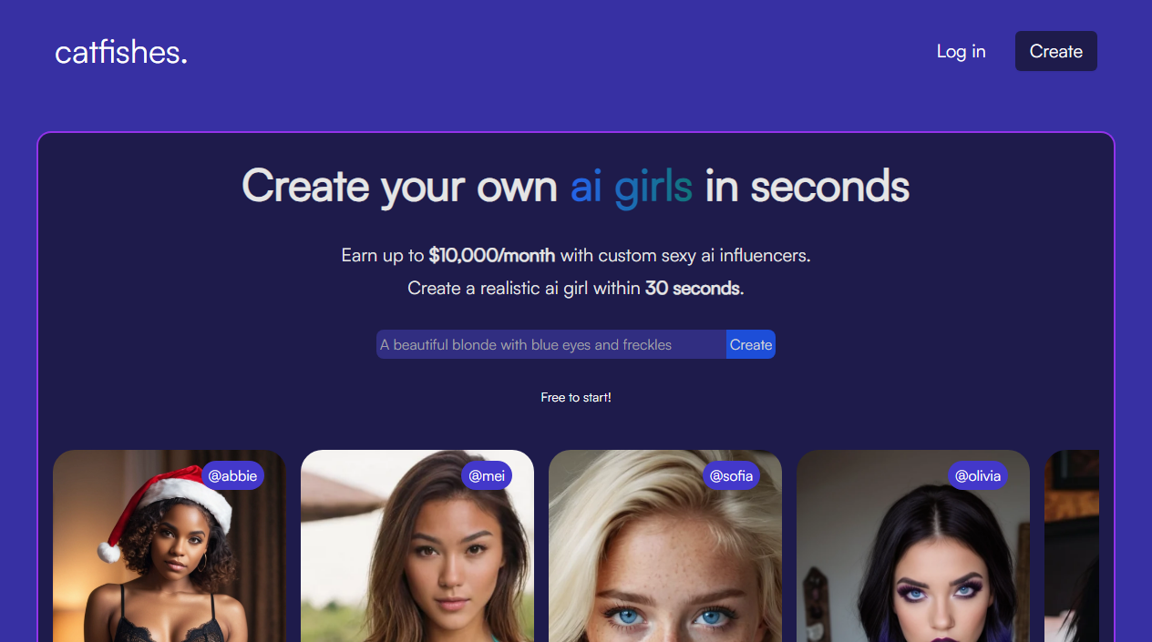 Catfishes 是一个AI生成美女的平台，用户可以在几秒钟内创建自己的AI美女，并通过社交媒体赚取收入。-SOAI.IM