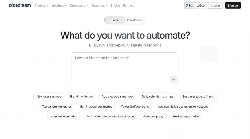 Pipedream是一个快速连接API、AI和数据库的自动化平台，支持无代码和代码级控制，帮助开发者快速构建和部署自动化流程。-SOAI.IM