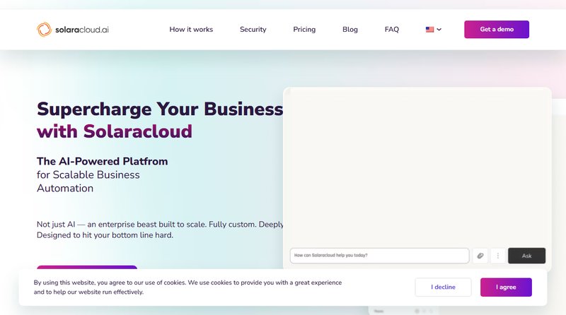 Solaracloud是一个基于AI的数据赋能平台，提供可扩展的业务自动化解决方案，帮助企业提升效率和降低成本。-SOAI.IM