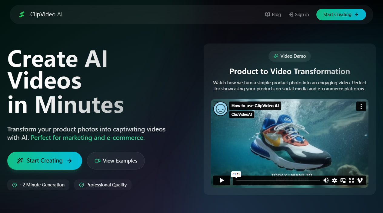 ClipVideo AI 是一个专业的AI视频生成平台，帮助创作者和企业快速生成高质量的视频内容。-SOAI.IM