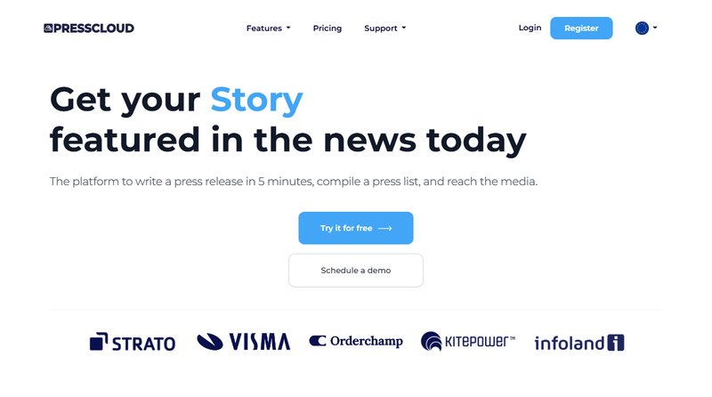 Presscloud.ai 是一个帮助用户在5分钟内撰写和发送新闻稿的平台，提供AI生成新闻稿、智能媒体列表、媒体监控等功能。-SOAI.IM