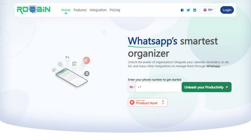 Roobin是一款通过WhatsApp集成的智能组织工具，帮助用户管理日历、提醒事项、待办事项等，提升日常工作效率。-SOAI.IM