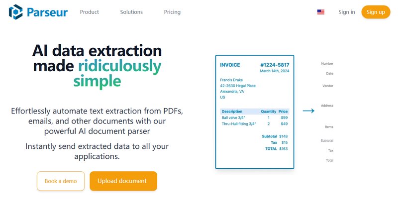 Parseur是一款基于AI的文档解析工具，能够自动从PDF、电子邮件等文档中提取结构化数据，并支持与多种应用程序集成。-SOAI.IM