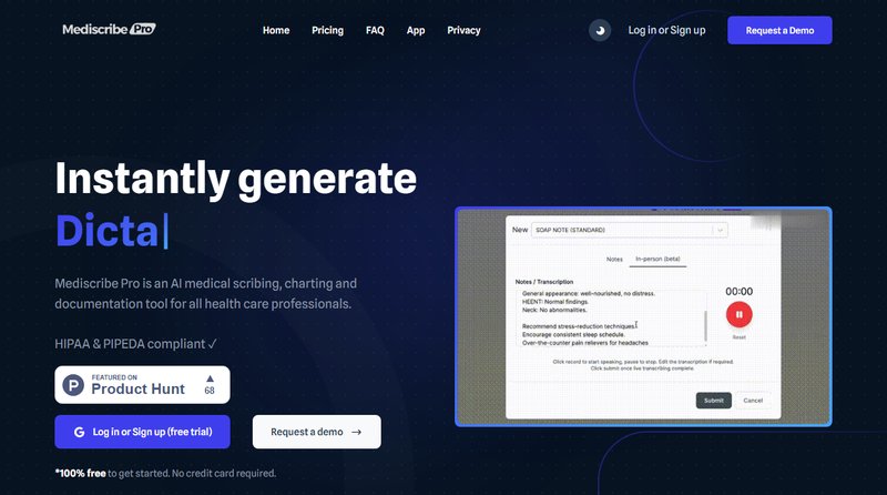 MediScribe Pro 是一款专为医疗专业人员设计的AI医疗记录和文档生成工具，旨在减少行政负担，提高工作效率。-SOAI.IM