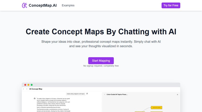 ConceptMap.AI是一个免费的AI概念图制作工具，通过聊天方式帮助知识工作者快速将想法转化为可视化概念图。-SOAI.IM