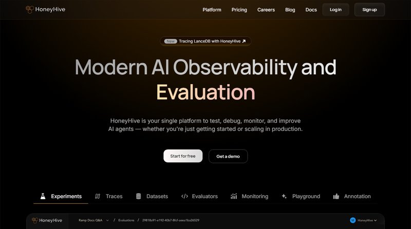 HoneyHive是一个AI可观测性和评估平台，提供测试、调试、监控和改进AI代理的功能。-SOAI.IM
