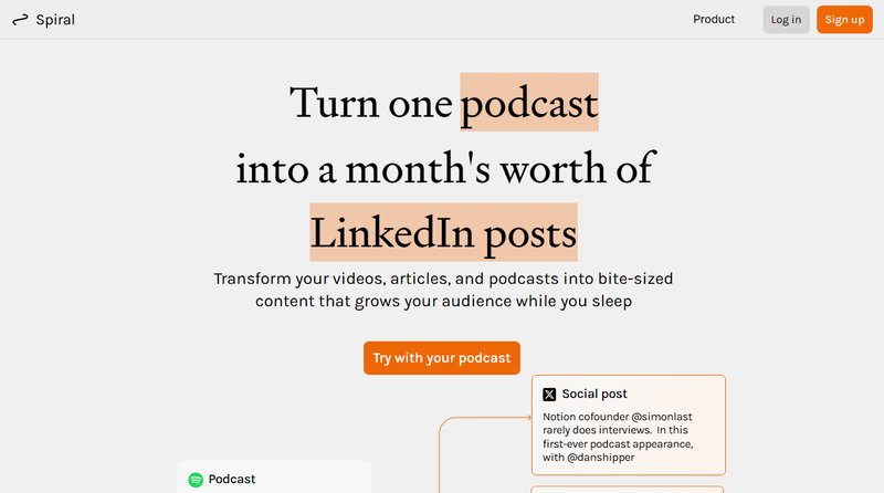 Spiral是一个内容重制工具，帮助用户将长视频、文章和播客转化为适合不同平台的短内容，节省时间和精力。-SOAI.IM