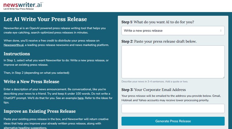 Newswriter.ai是一个由OpenAI驱动的新闻稿写作工具，帮助用户快速创建吸引眼球且优化搜索的新闻稿。-SOAI.IM