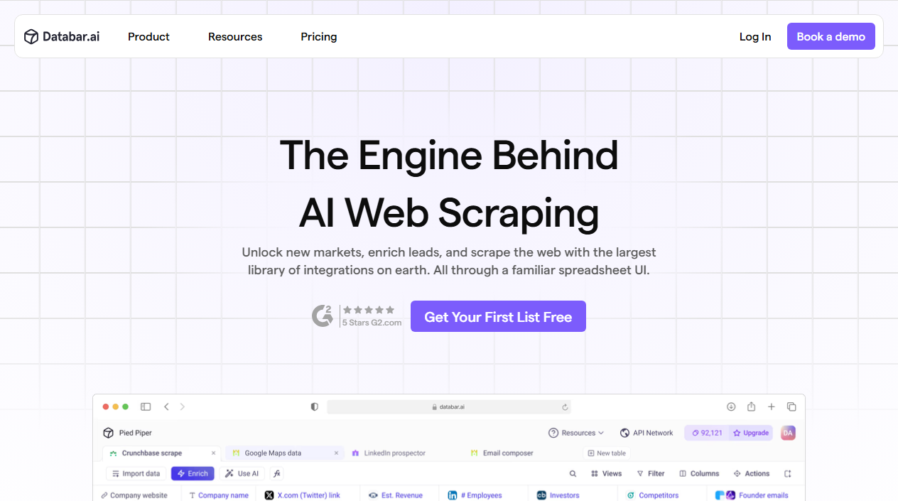 Databar.ai 是一个自动化数据工作流的平台，提供AI网页抓取、个性化外联和可靠的CRM集成，帮助用户解锁新市场、丰富潜在客户数据，并通过熟悉的电子表格界面进行操作。-SOAI.IM