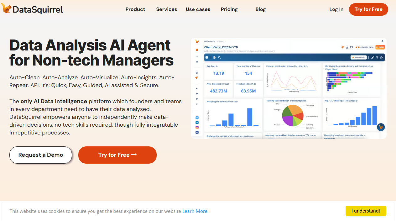 DataSquirrel.ai 是一个为不具备技术背景的业务经理提供数据分析和可视化的AI平台，旨在通过自动化工具简化数据处理流程，帮助用户 ...