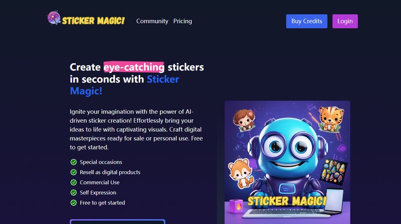 Sticker Magic是一个AI驱动的贴纸生成平台，用户可以通过简单的描述快速创建个性化的数字贴纸，适用于各种场合和用途。-SOAI.IM