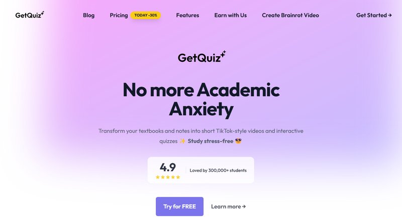 GetQuiz 是一个将教科书和笔记转化为 TikTok 风格视频和互动测验的教育平台，帮助学生轻松学习。-SOAI.IM