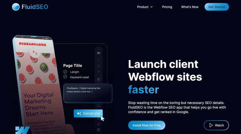 FluidSEO是一款专为Webflow设计的SEO工具，旨在帮助用户快速解决SEO问题，提升网站排名。-SOAI.IM