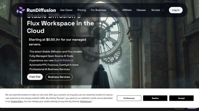 RunDiffusion是一个基于云的AI艺术生成平台，提供多种开源AI工具和专有模型，帮助用户轻松创建高质量的AI生成图像和视频。-SOAI.IM