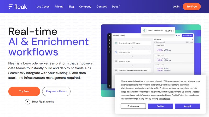 Fleak是一个低代码、无服务器平台，帮助数据团队快速构建和部署可扩展的API，简化AI和数据工作流的集成和管理。-SOAI.IM