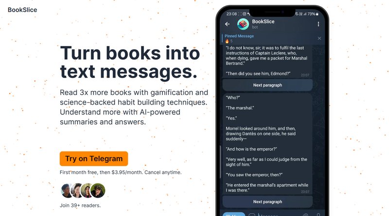 BookSlice通过将书籍转化为短信，利用游戏化和科学支持的习惯建立技术，帮助用户阅读更多书籍。-SOAI.IM