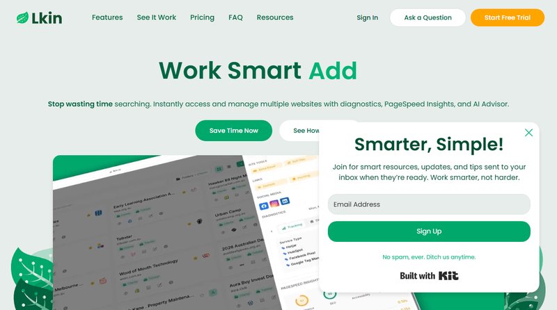 Lkin是一个多网站管理平台，提供快速访问、诊断和优化工具，帮助用户高效管理多个网站。-SOAI.IM