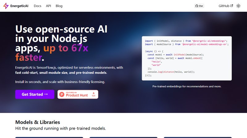 EnergeticAI 是一个为 Node.js 应用提供开源 AI 的工具，特别优化了无服务器环境，具有快速冷启动、小模块大小和预训练模型的特点。-SOAI.IM