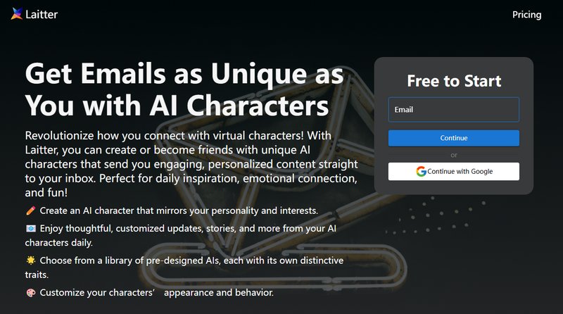 Laitter是一个通过AI角色发送个性化邮件的平台，帮助用户获得灵感、情感陪伴和知识。-SOAI.IM