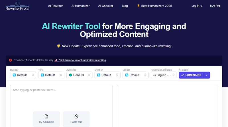RewriterPro是一款AI驱动的写作工具，旨在通过自然语言处理技术提升写作质量，提供流畅、自然的语言转换，适用于多种写作场景。-SOAI.IM
