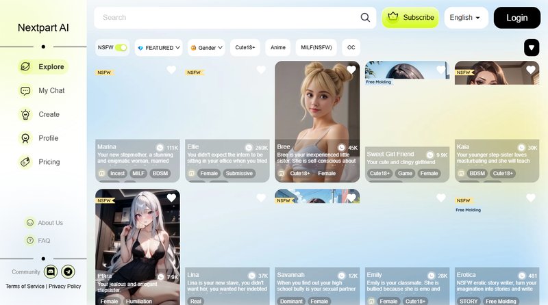 Nextpart AI 是一个无限制的 NSFW AI 聊天平台，允许用户与具有定制外观和个性的 AI 角色进行互动。-SOAI.IM