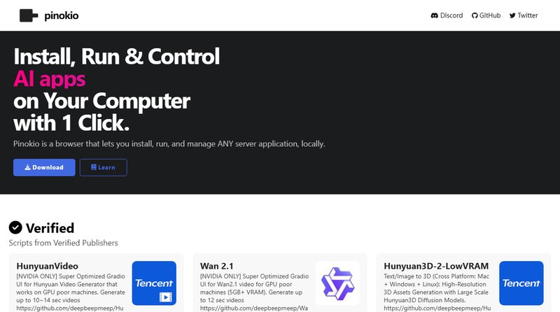 Pinokio 是一个浏览器，允许用户一键安装、运行和管理任何本地服务器应用程序。-SOAI.IM
