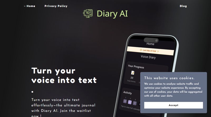 Diary AI 是一款将语音转换为文本的个人日记助手，旨在简化记录和整理生活的过程。-SOAI.IM