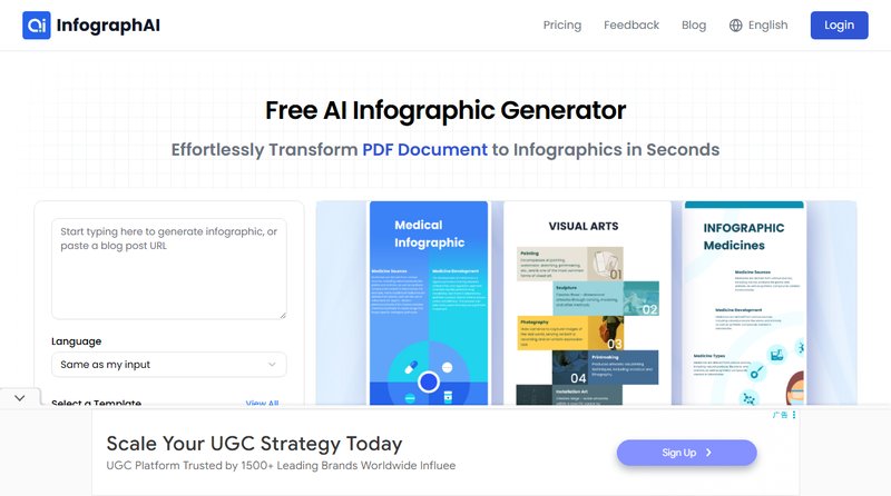 InfographAI是一个免费的AI信息图表生成器，能够将PDF文档、博客URL或文本快速转换为精美的信息图表。-SOAI.IM