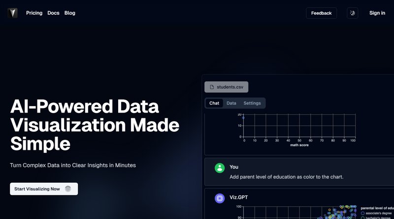 vizGPT 是一个AI驱动的数据可视化工具，能够将复杂数据转化为清晰的图表和洞察。-SOAI.IM