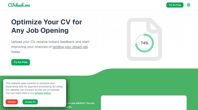 CVcheck.me 是一个基于AI技术的简历优化平台，帮助用户提升求职成功率。-SOAI.IM