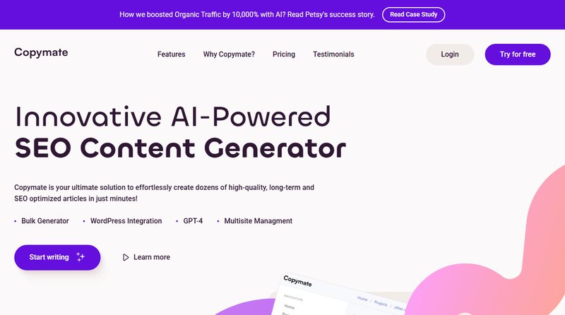 Copymate是一款创新的AI驱动的SEO内容生成器，帮助用户快速创建高质量、长期有效的SEO优化文章。-SOAI.IM