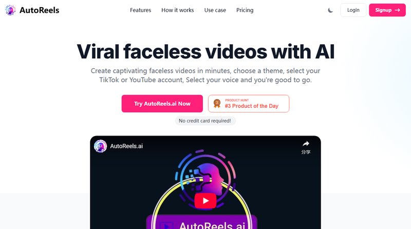 AutoReels是一个利用AI技术快速生成无脸视频的平台，适用于TikTok、YouTube等社交媒体。-SOAI.IM