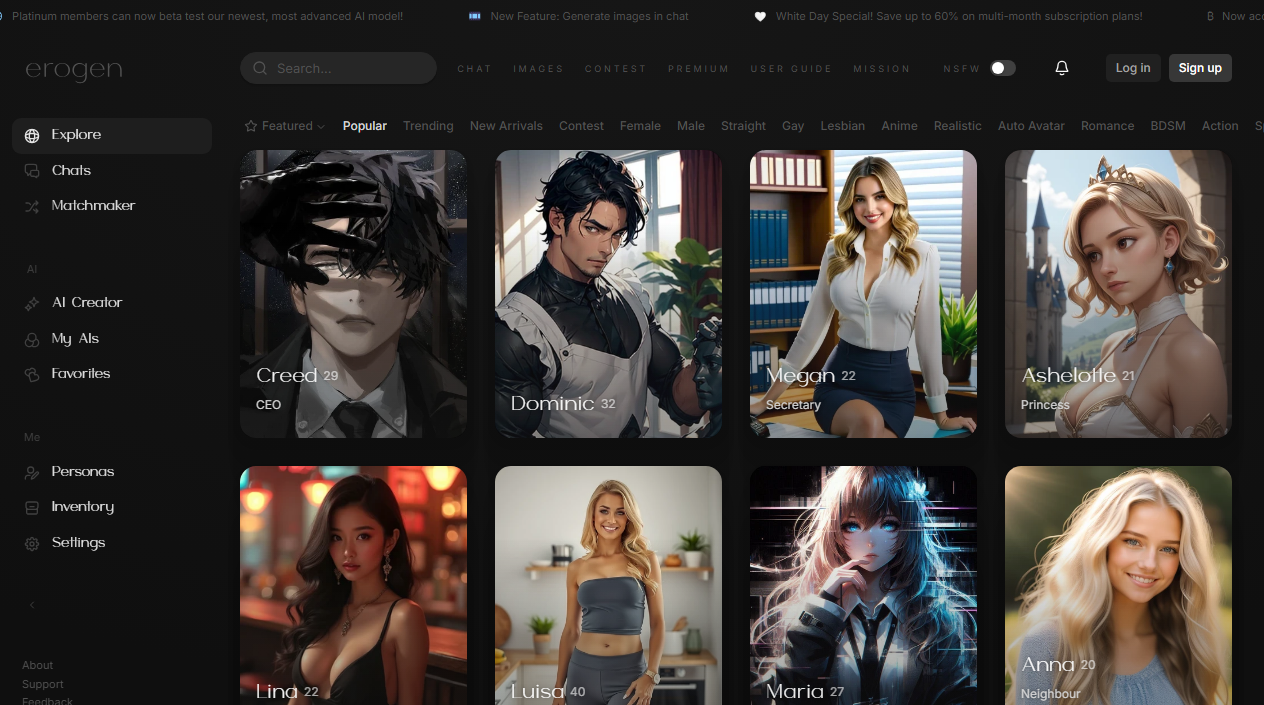 Erogen AI 提供无审查的AI伴侣服务，用户可以创建和互动各种虚拟角色。-SOAI.IM