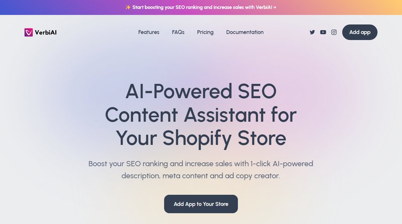 VerbiAI是一款AI驱动的SEO内容助手，专为Shopify商店设计，帮助提升SEO排名和增加销售额。-SOAI.IM