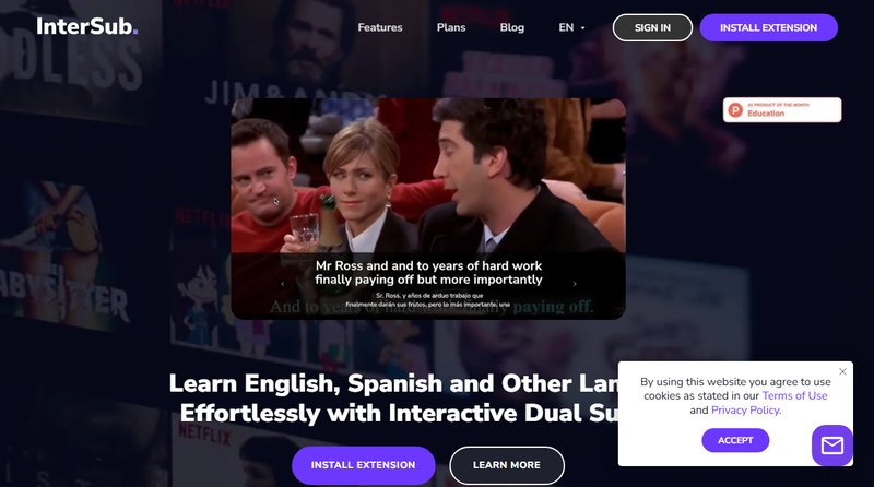 InterSub是一款浏览器扩展，提供交互式双语字幕和即时单词翻译，帮助用户轻松学习语言。-SOAI.IM