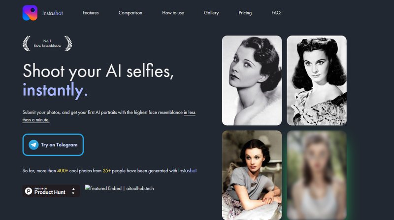 Instashot是一款基于AI技术的肖像生成工具，能够快速生成高相似度的AI自拍照片。-SOAI.IM