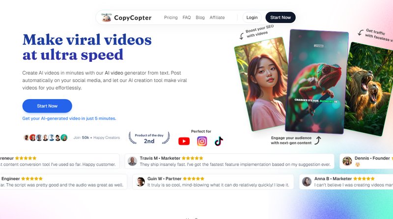 CopyCopter是一款AI文本转视频生成工具，能够快速生成病毒式传播的视频内容。-SOAI.IM