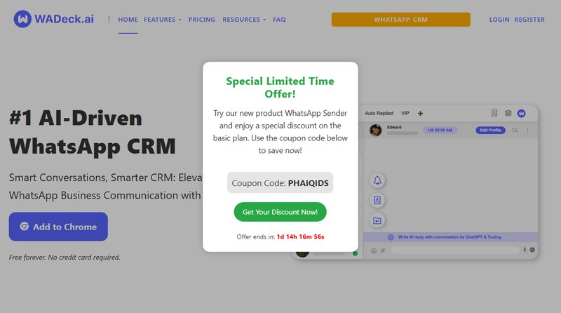 WADeck是一款基于AI驱动的WhatsApp CRM工具，旨在提升企业沟通效率，提供智能对话、自动化回复、批量发送等功能。-SOAI.IM