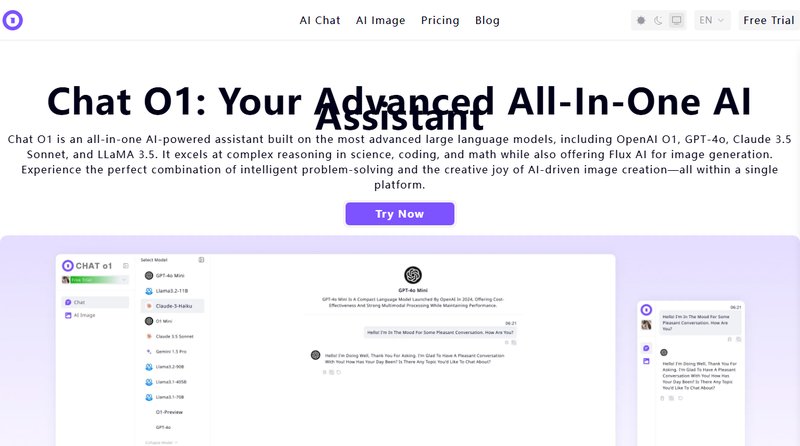 Chat O1 是一个基于先进大语言模型的全能AI助手，提供复杂的科学、编码和数学推理能力，以及图像生成功能。-SOAI.IM
