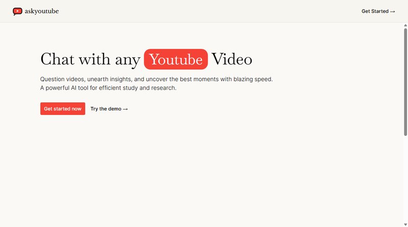 Ask Youtube 是一个强大的AI工具，用于高效学习和研究，通过与任何YouTube视频聊天来提问、挖掘见解并发现最佳时刻。-SOAI.IM