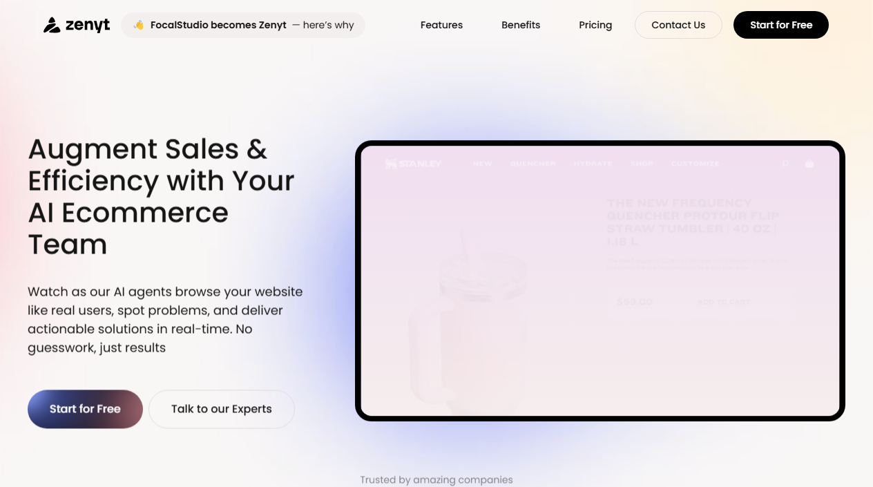 Zenyt 是一个 AI 驱动的电子商务优化平台，帮助用户识别并修复销售阻碍问题，提升网站性能和用户体验。-SOAI.IM